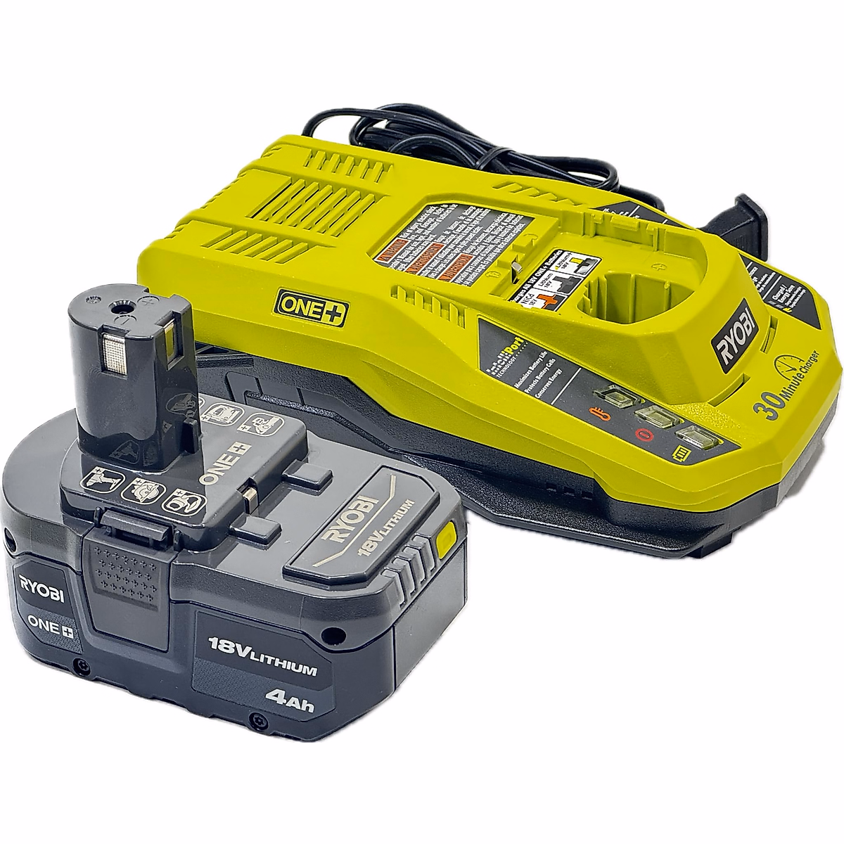 Ryobi P108 One+ 18V 4.0AH Lithium Ion Battery and P117 One+ Dual Chemistry Lithium Ion and NiCad Battery Charger (2 Piece Combo Set)