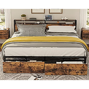 LIKIMIO King Bed Frame with Storage Headboard, Platform Bed with Drawers and Charging Station, No Box Spring Needed, Easy Assembly, Vintage Brown