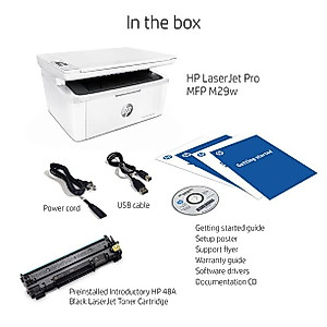 HP Laserjet Pro M29w All-in-One Wireless Laser Printer with Mobile Printing, Print, Copy, scan, Wireless, 19 ppm, 600 x 600 dpi, LCD Display, White, W/MD Cable