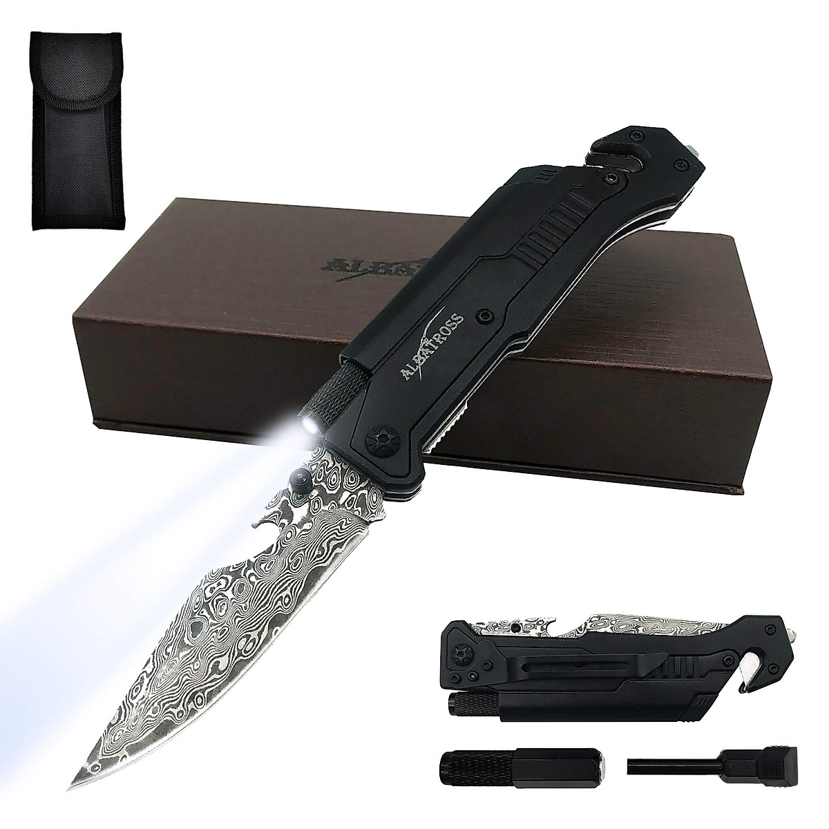 ALBATROSS 6-in-1 Modern Damascus Steel Folding Pocket Knives with LED Light,Seatbelt Cutter,Glass Breaker,Magnesium Fire Starter,Bottle Opener;Multi-Function Emergency Tool(Black-3)