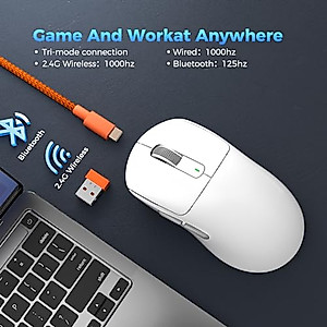 KYSONA Wireless Gaming Mouse Ultralight 55g, 3395 Lag-Free Sensor, 26K DPI, HUANO Switches, 80Hrs Long Battery Life, 6 Programmable Button for PC, 3 Modes (2.4G/Wired/BT), Win with M600, White