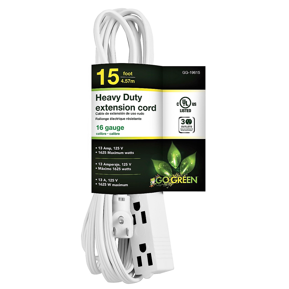 Go Green Power Inc. 15ft Extension Cord with 3 Outlets, White - Compact, Flush-Fit Design, Heavy Duty, Grounded Plug - Ideal for Home & Small Appliances - GG-19615