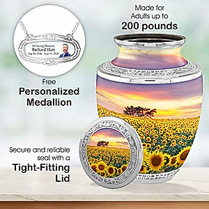 Personalized Medallion Flourished Sunflowers Cremation Urns for Adult Ashes Male Female - 200lbs Burial Urns for Human Ashes - Handcrafted Funeral Decorative Urns for Ashes Adult Male with Velvet Bag