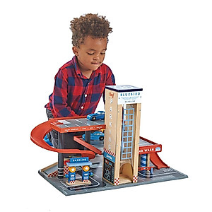 Tender Leaf Toys - Blue Bird Service Station - Classic Wooden Garage and Service Station for Cars and Helicopter with Ramps, Petrol Pumps and Car Wash Center - Imaginary and Roleplay for Children 3+