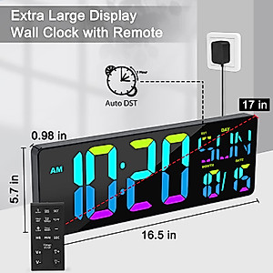 XREXS Large Digital Wall Clock with Remote Control, 17 Inch LED Large Display Count Up & Down Timer, Adjustable Brightness RGB Color Changing Clock Alarm Clock for Home, Gym, Office and Classroom