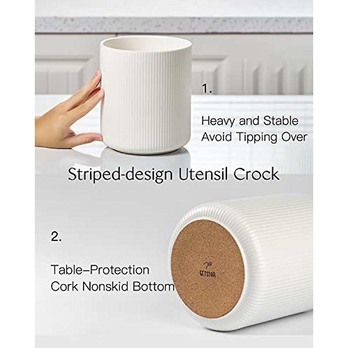 Getstar Utensil Holder, Large Kitchen Utensil Holder for Kitchen Counter (H7.2” x W6.2”), Ceramic Cooking Utensil Holder with Cork Mat, Kitchen Decor for Counter (White, Utensils Not Included)