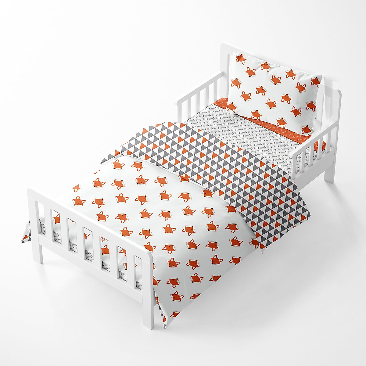 Bacati Playful Foxs 4 Piece Neutral Toddler Bedding Set, Orange/Grey 100 Percent Cotton Includes Reversible Comforter, Fitted Sheet, Top Sheet, and Pillow Case for Boys/Girls