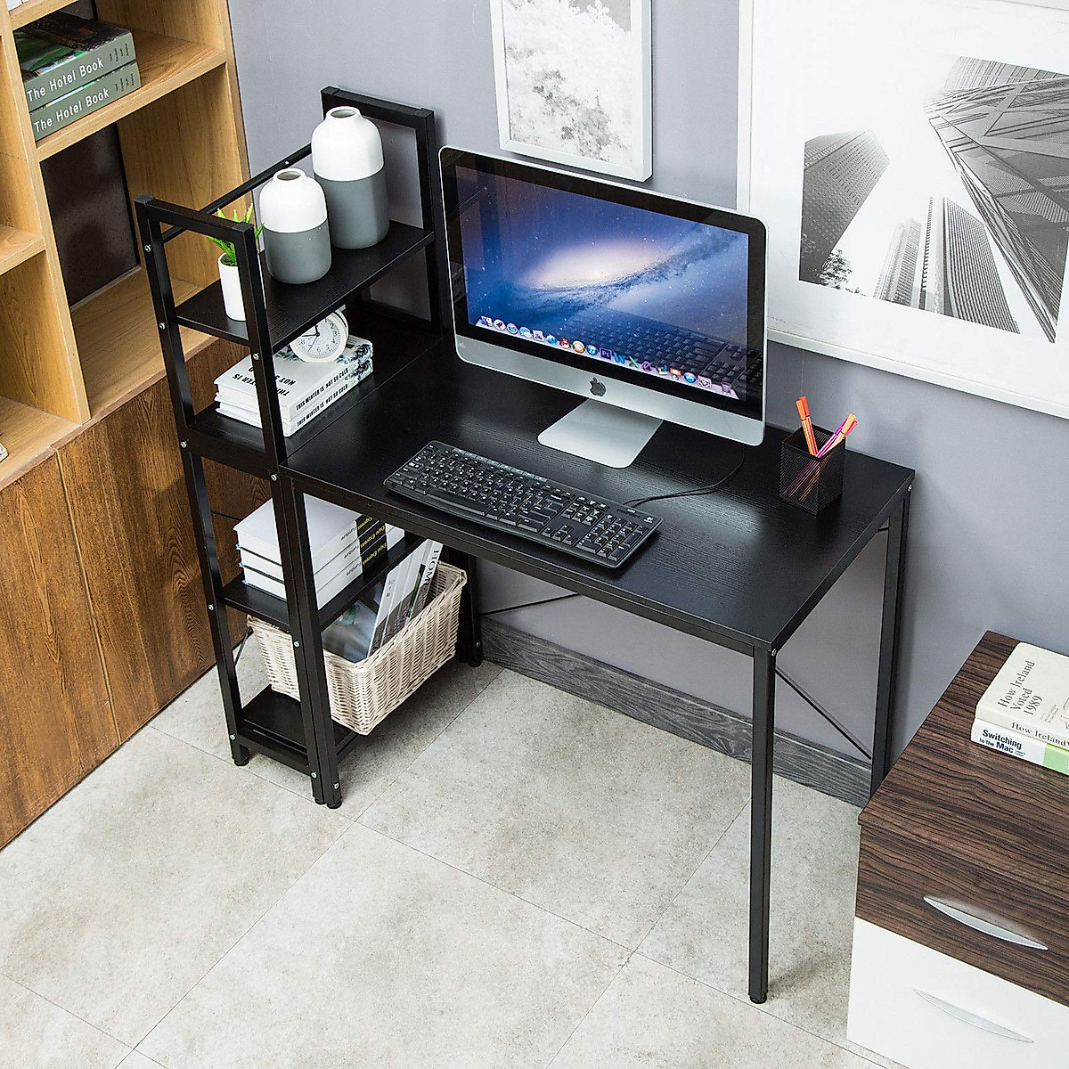 TimmyHouse Table Computer Desk with 4 Tier Bookshelves Multipurpose Study Home Office