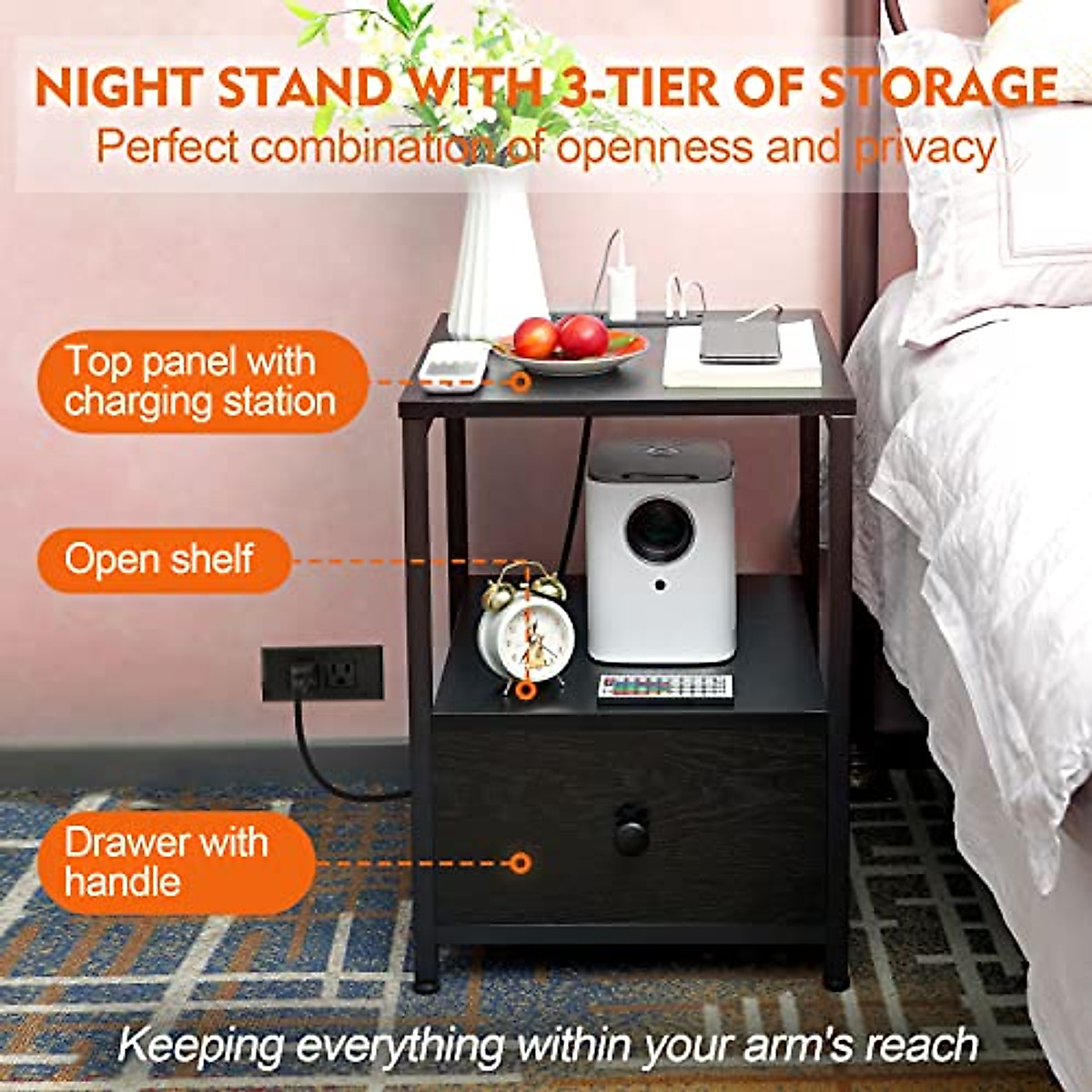 AMHANCIBLE Nightstands Set of 2, End Tables Living Room with Charging Station, Side Table with Drawers and USB Ports & Power Outlets, Sofa Table for Bedroom, Black HET04SDBK