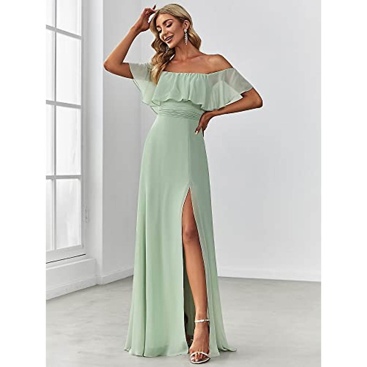 Ever-Pretty Womens Ruffle Sleeves Plus Size Sparkle Tulle Summer Wedding Guest Dress Mint Green US16