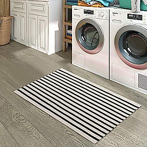 Black/White Striped Outdoor Rug 2' x 3', KIMODE Cotton Hand Woven Welcome Entryway Doormat, Washable Front Door Mats for Porch/Kitchen/Farmhouse