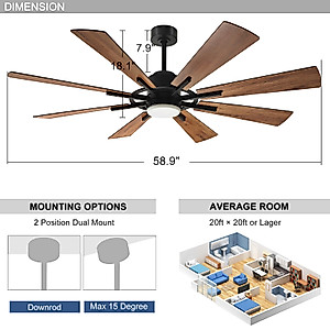 Depuley 60" Ceiling Fan with Lights and Remote Control, Farmhouse Large Ceiling Fan, Reversible Motor and 8 Blades, 3CCT Selectable for Living Room Basement Porch Patio, 5-Speed Remote Control, Timer