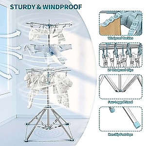 JAUREE Clothes Drying Rack Folding Indoor, Foldable Towel Drying Rack, Portable Drying Rack Clothing and Height-Adjustable, Space Saving Laundry Drying Rack, with 20 Clips