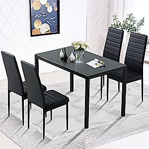 Black Glass Dining Table, Tempered Glass Top Table Metal Legs Rectangular for Small Kitchen Dining Room Living Room 4 People