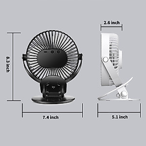 Clip on Fan,7 Inch 5000mAh Battery Operated Fan,Rechargeable Personal Fan,3 in 1 Desk Portable Usb Fan,LED Light,3 Speeds,720°Rotation for Travel/Stroller/Bed/Office/Camping/Dorm/Bedroom(Black)