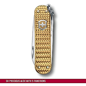 Victorinox Classic SD Precious Alox Swiss Army Knife, Compact 5 Function Swiss Made Pocket Knife with Small Blade, Screwdriver and Key Ring - Brass Gold