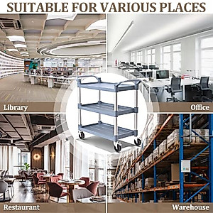 BRLJUNEO Plastic Utility Carts with Wheels, 3-Tier Large Size Restaurant Food Cart, Heavy Duty 600lbs Capacity Rolling Service Cart w/Hammer for Commercial, Kitchen, Office (Lockable Wheels, L-Grey)