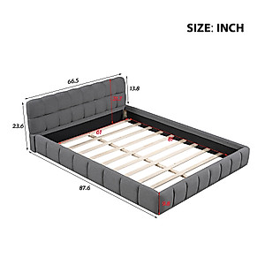 DNYN Queen Size Upholstered Platform Bed with Thick Fabric for Kids/Adults,Solid Wood Bedframe w/Wood Slat Support & Easy Assembly & No Box Spring Needed,Perfect for Dorm,Bedroom,Guest Room, Gray