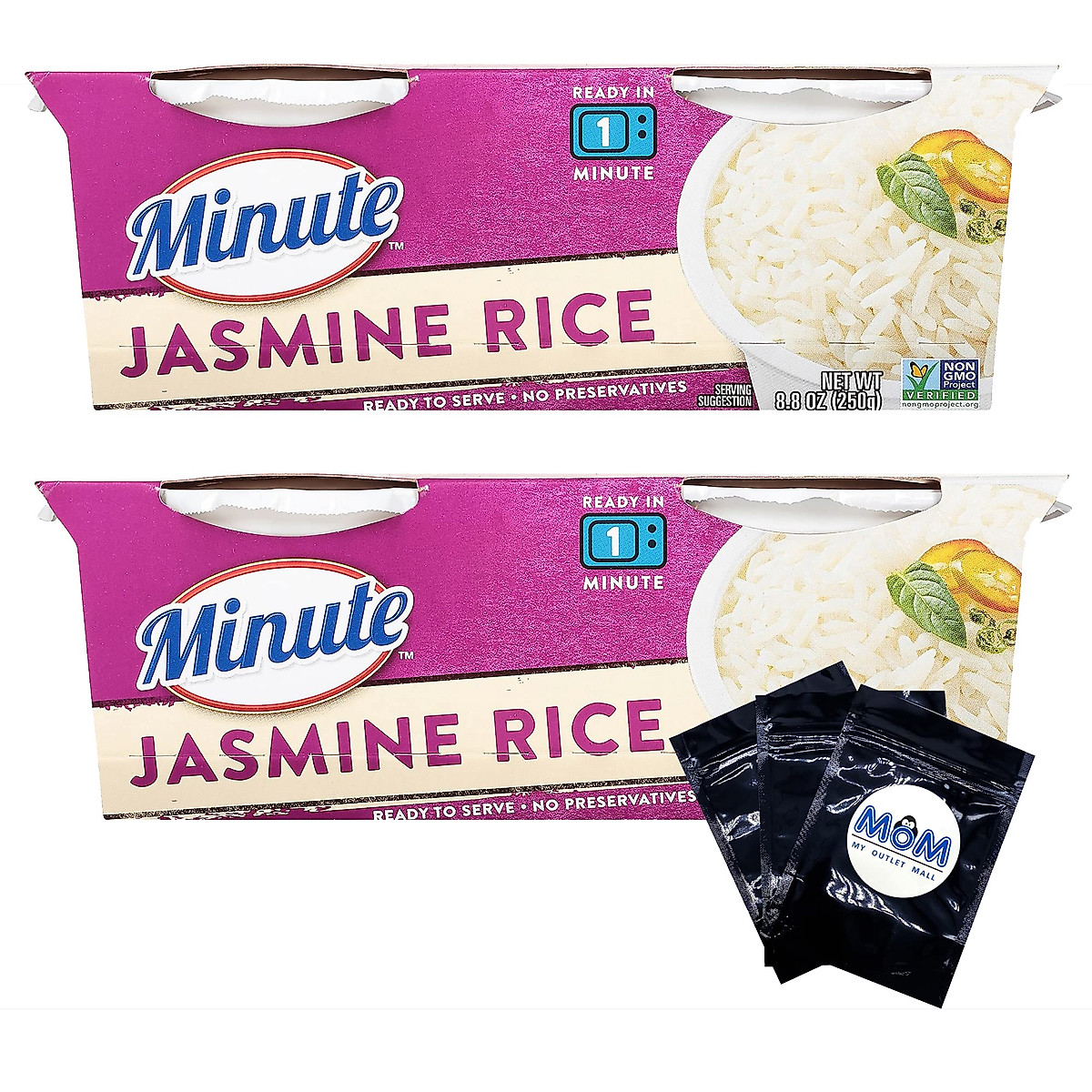 Microwaveable Jasmine Rice Bundle 8.8 Oz 2-Pack of Minute Jasmine Rice in Ready To Serve Cups and 3 My Outlet Mall Resealable Portable Storage Pouches