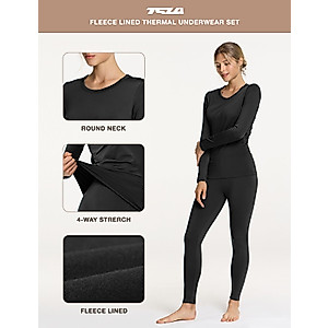 TSLA Women's Thermal Underwear Set, Soft Fleece Lined Long Johns, Winter Warm Base Layer Top & Bottom, Fleece Set Black, Small