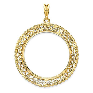 Roy Rose Jewelry Gold Coin Pendant Mounting - 32.7mm Coin Size - Scrollwork Filigree with Rope Edge Frame Design - 14K Yellow Gold - Prong Set with Bail