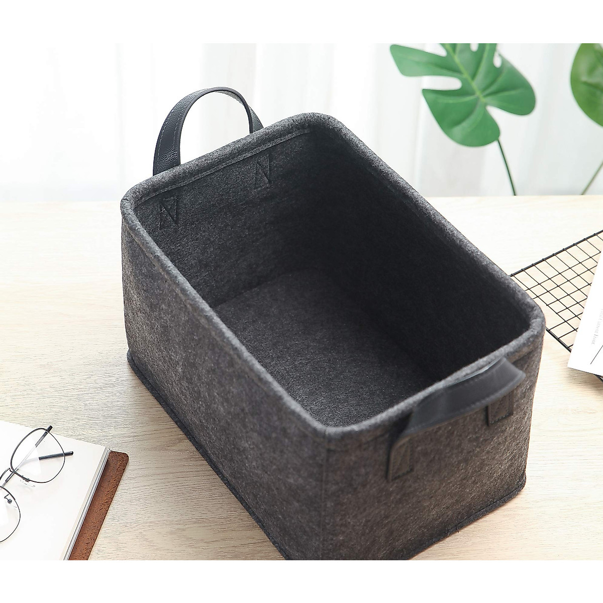 Collapsible Storage Basket with Carry Handles Felt Fabric Storage Bin Durable Organizer for Gift Toys Shoes Clothes Towels Nursery Home Laundry Office Decorative Organizing Box(Dark grey)