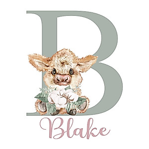 Personalized Watercolor Highland Cow Sage Green and Dusty Rose Rustic Cotton Farmhouse Baby Nursery Unframed Print