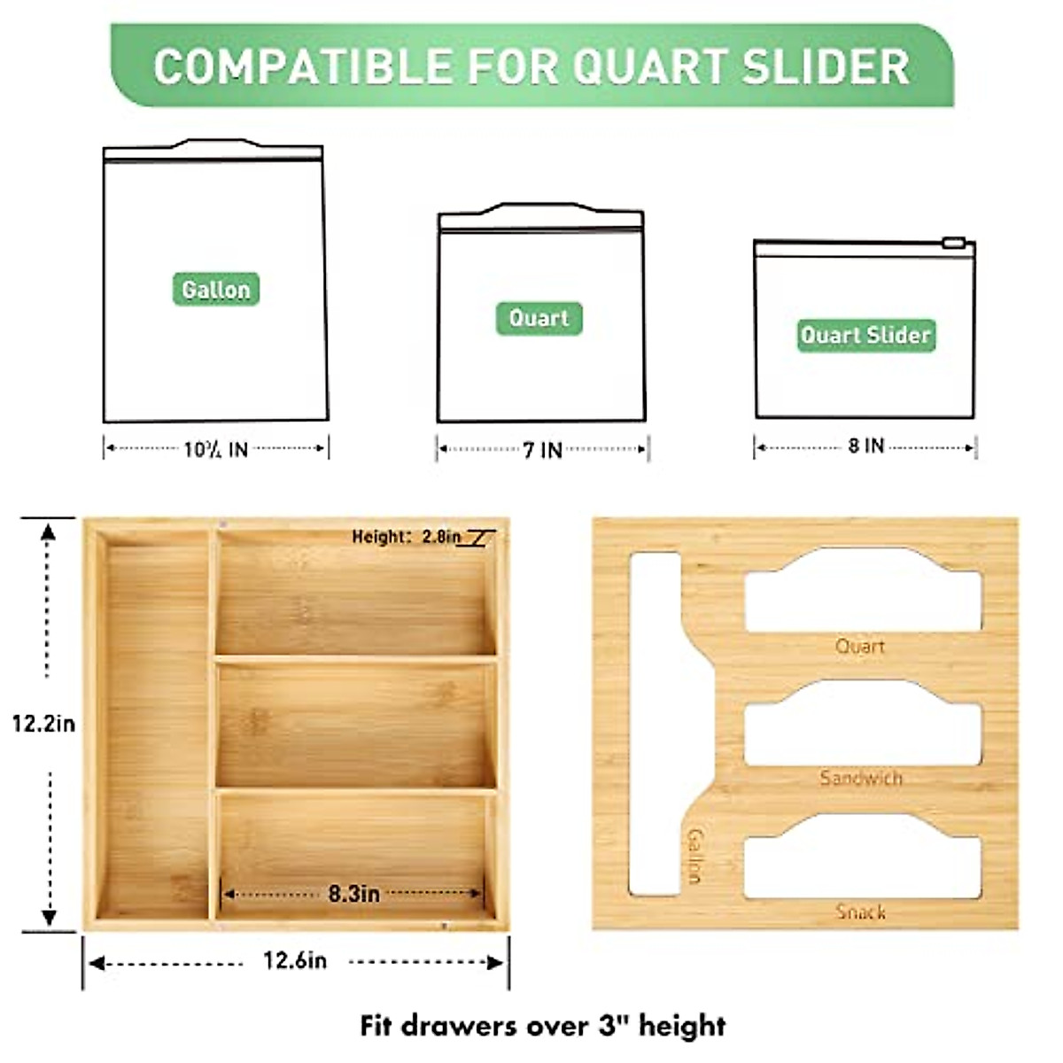 Soligt Ziplock Bag Organizer for Kitchen Drawer, Bamboo Baggie Organizer with Removable Top Lid for Sandwich, Quart Slider, Gallon, Snack Plastic Bags