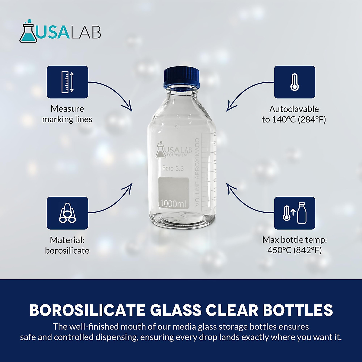 USA LAB 2000 ML Round Media Bottle with GL45 Screw Cap, Clear 3.3 Borosilicate Glass Bottles for Scientific Solution Storage, Multi Purpose Science Labs Solvent Container