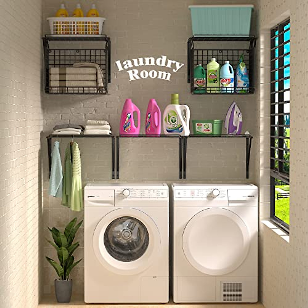 2 Pack Laundry Room Shelves Wall Mounted with Wire Baskets, Over the Washer and Dryer Shelf with Clothes Drying Rack, 8 Hooks, Wire Shelves Baskets for Laundry Closet Organization and Storage, Black