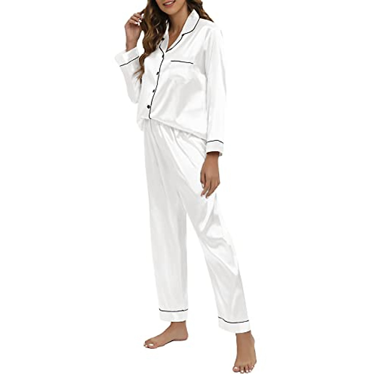 HPWUZK Pajamas for Women, Silk Satin Pajama Sets for Women Soft, Button Down Womens Loungewear Set with Pockets White