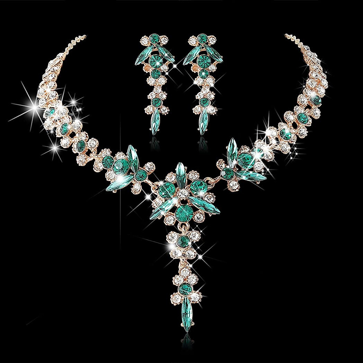 Unicra Bride Necklace Earrings Set Crystal Bridal Wedding Jewelry Sets Rhinestone Choker Necklace Prom Costume Jewelry for Women and Brides (Green)
