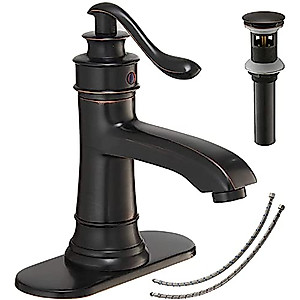 Bathfinesse Oil Rubbed Bronze Bathroom Faucet Single Handle Single Hole Farmhouse Stream Bathroom Sink Faucets & Parts with Pop Up Drain Assembly Vanity Supply Hose Lead-Free