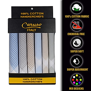 Caruso Italy Men's Italia 100% Pure Cotton Handkerchief White Blue Checks - Pack of 12