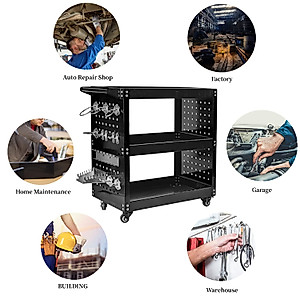 Rolling Tool Cart,3 Tier Heavy Duty Mechanic Tool Storage Cart on Wheels,Side Pegboard kit and Lockable System, 14 Hooks, 300lbs Load Capacity, for Garage Warehouse Workshop Repair Shop (Black)
