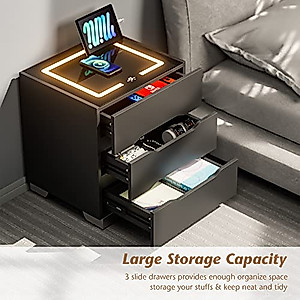 Smart Nightstand with Wireless Charging Station and LED Lights, Black Night Stands with 3 Drawers and USB Charging Port, Modern Bedside Table for Bedroom Furniture