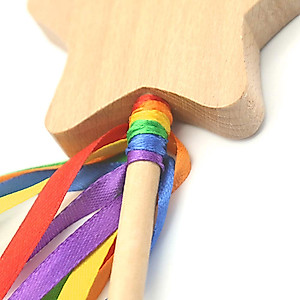 MEROCO Fairy Wand with Star Embellished Ribbons Ribbon Star Wand Wooden Star Magic Wand Montessori Toys Waldorf Toys for 3 4 5 Year Old