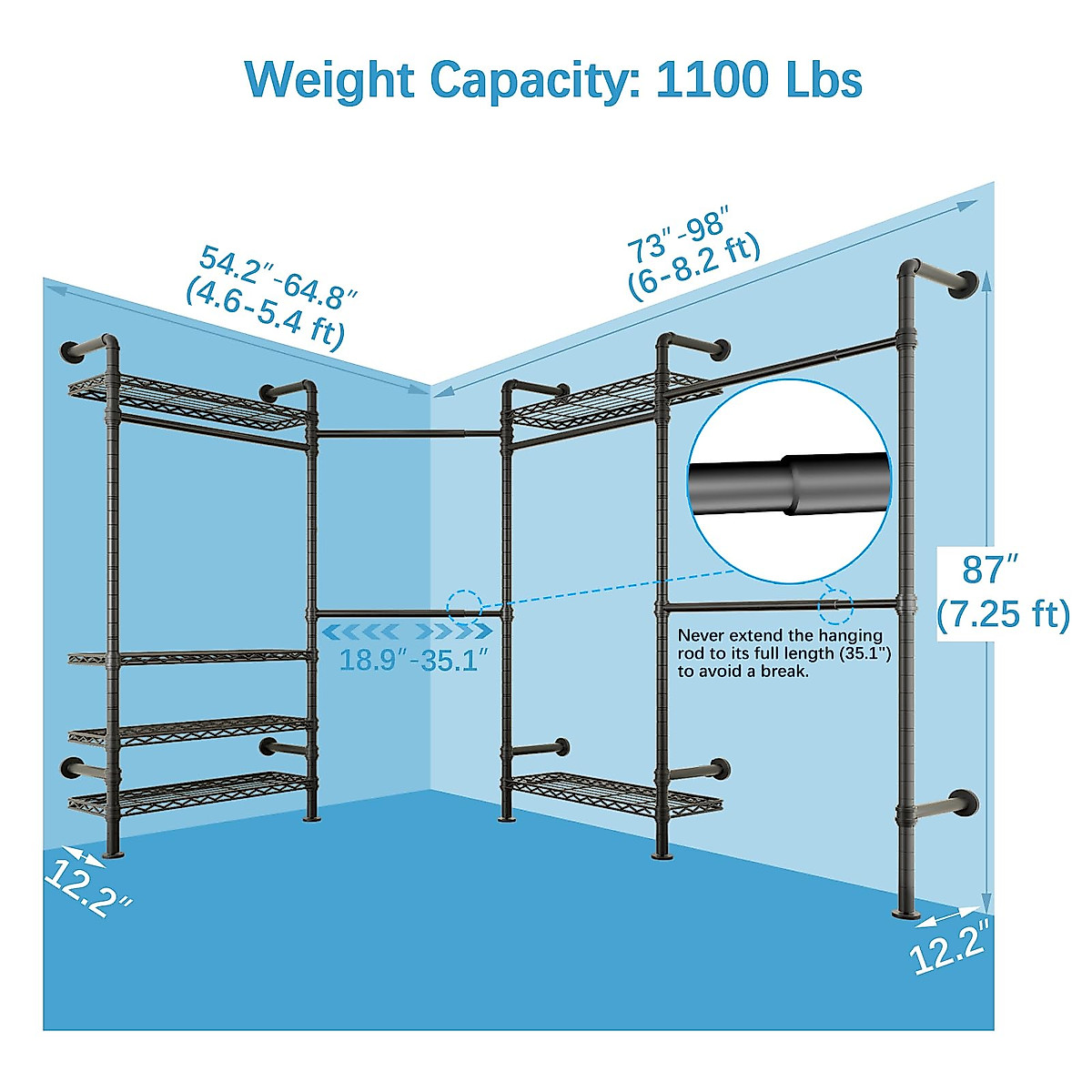 Timate L4 L Shape Garment Rack Heavy Duty Clothes Rack for Hanging Clothes, Expandable Industrial Pipe Clothing Rack, Wall Mounted Closet Organizer Large Wardrobe Closet Kit Corner Closet System Black
