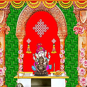 SATVIK 8x5ft. Fabric Backdrop for Indian Pooja Décor Ganpati Photo Traditional Puja Cloth Backdrop Mehndi Diwali Festival Marigold Flower Garland Tulle Curtain Wedding Bridal Baby Shower Wall Banner