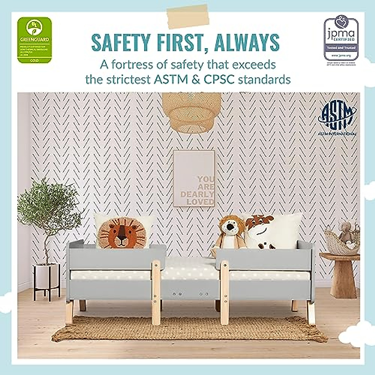 Dream On Me JPMA & Greenguard Gold Certified Osko Convertible Toddler Bed Made with Sustainable New Zealand Pinewood in Grey, Non-Toxic Finish