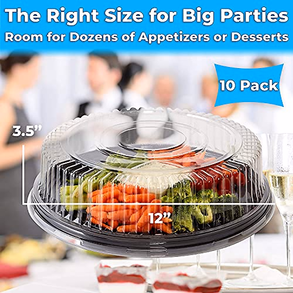 Heavy Duty, Recyclable 12 In. Serving Tray and Lid 10pk. Large, Black Plastic Party Platters with Clear Lids. Elegant Round Banquet or Catering Trays for Serving Appetizers, Sandwich and Veggie Plates