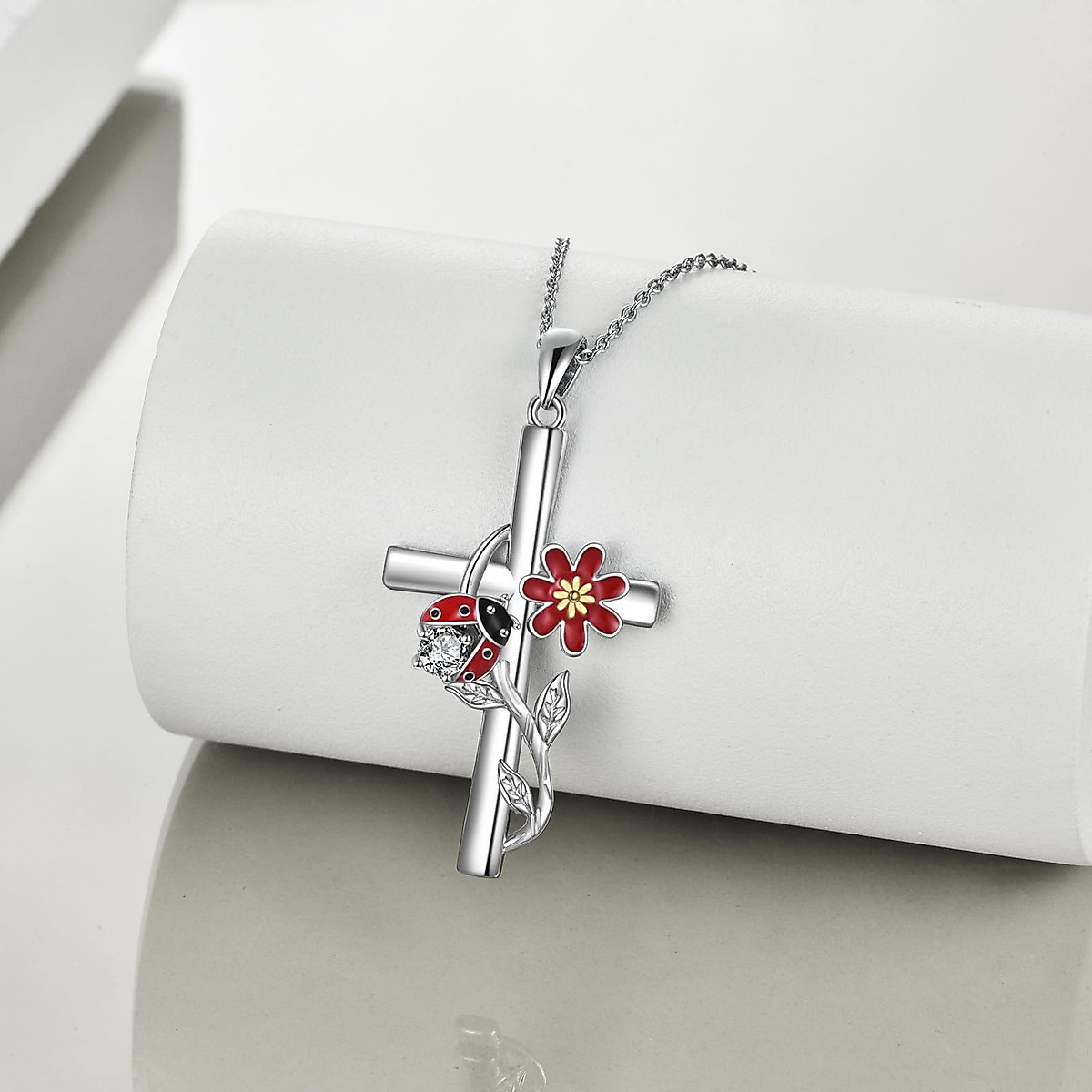 CRMAD Ladybug Cross Necklace Gifts for Women Sterling Silver Ladybug Daisy Flower Necklace Jewelry