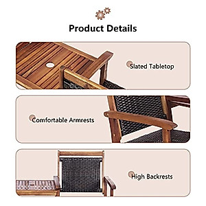 HAPPYGRILL Patio Bistro Set Acacia Wood Loveseat Chair with Side Table, 3 in 1 Rattan Wicker Patio Bench with Umbrella Hole for Garden Porch Backyard