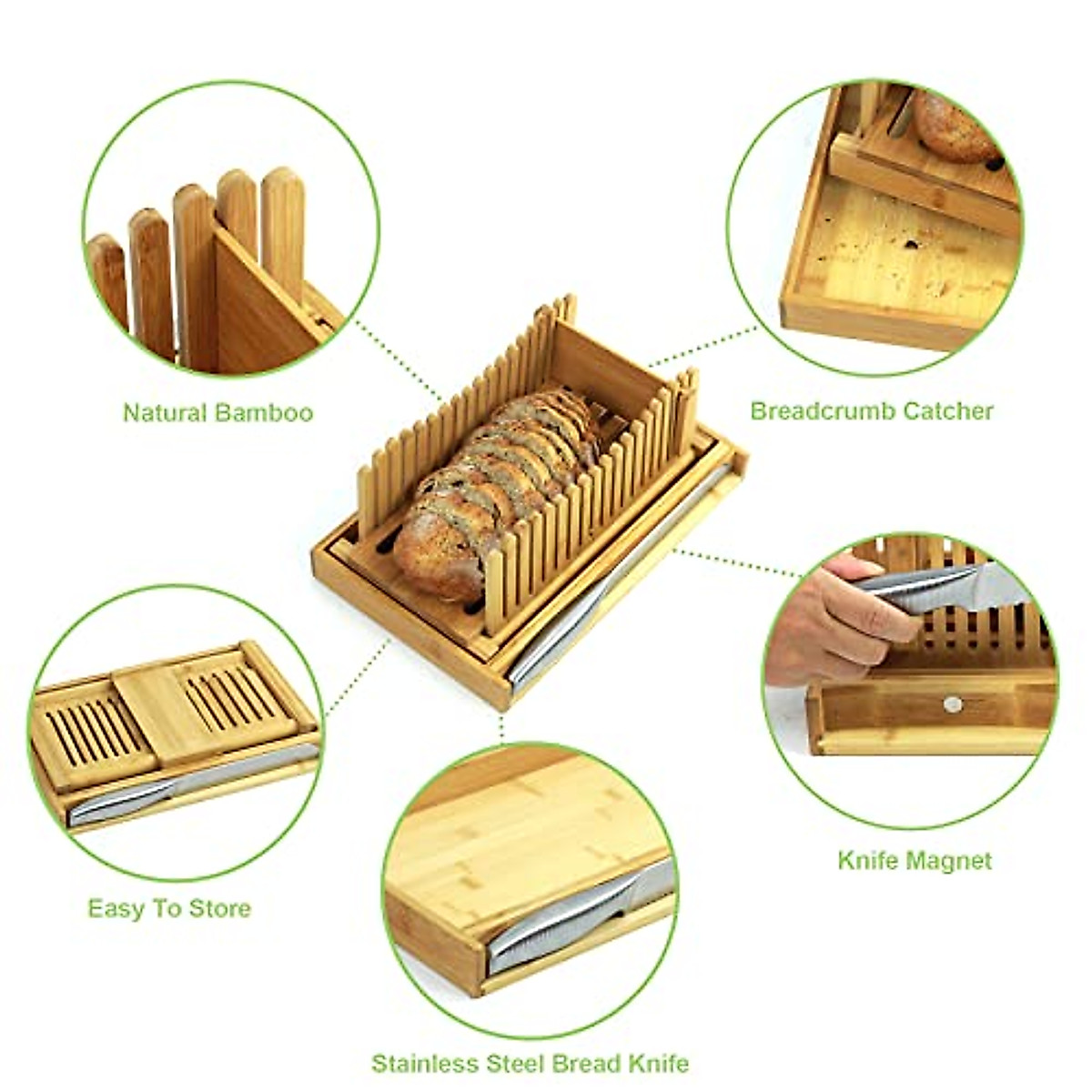 PURENJOY Bread Slicer For Homemade Bread Bamboo Bread Slicing Guide With Knife Adjustable 3 Thickness Size Foldable Bread Cutterwith Crumb Tray (13.7x8.7)