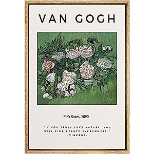 SIGNLEADER Framed Canvas Print Wall Art Van Gogh Pink Roses 1890 Decorative Brushstroke Illustrations Fine Art Colorful Multicolor Warm for Living Room, Bedroom, Office - 16"x24" Natural