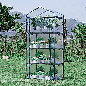 Greenhouse 4 Tier Mini Greenhouse 63x28x20 in Portable Garden Green House, with Zippered PVC Cover, Metal Shelves for Garden Yard Patio Indoor Outdoor, Extra Hooks Wind Ropes 8 Net Rack Buckles