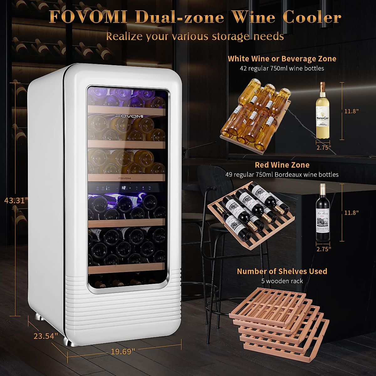 FOVOMI Wine Fridge,91-bottle Wine Cooler Dual Zone Large Wine Beverage Refrigerator Freestanding Cellar,Holds 91bottles or 49bottles+90 cans(6-year)