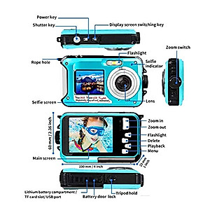 Waterproof Digital Camera for Snorkeling 24 MP Video Recorder Full HD 1080P Bundle with Swimming Goggles, 32GB SD Card, Floating Wrist Strap. DV Recording Point and Digital Shoot, Dual Screen.