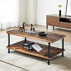 Giantex Retro Coffee Table W/Thick Tabletop, Industrial Steel Pipe Legs & 2-Tier Storage Shelf Accent Table for Living Room, Reception Room, Easy Assembly Center Table, Rustic Brown