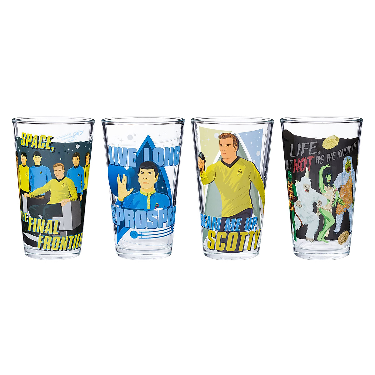Silver Buffalo Star Trek Quotes Kirk, Spock, McCoy, and Uhura 4pc Pint Glass Set, 16 Ounces